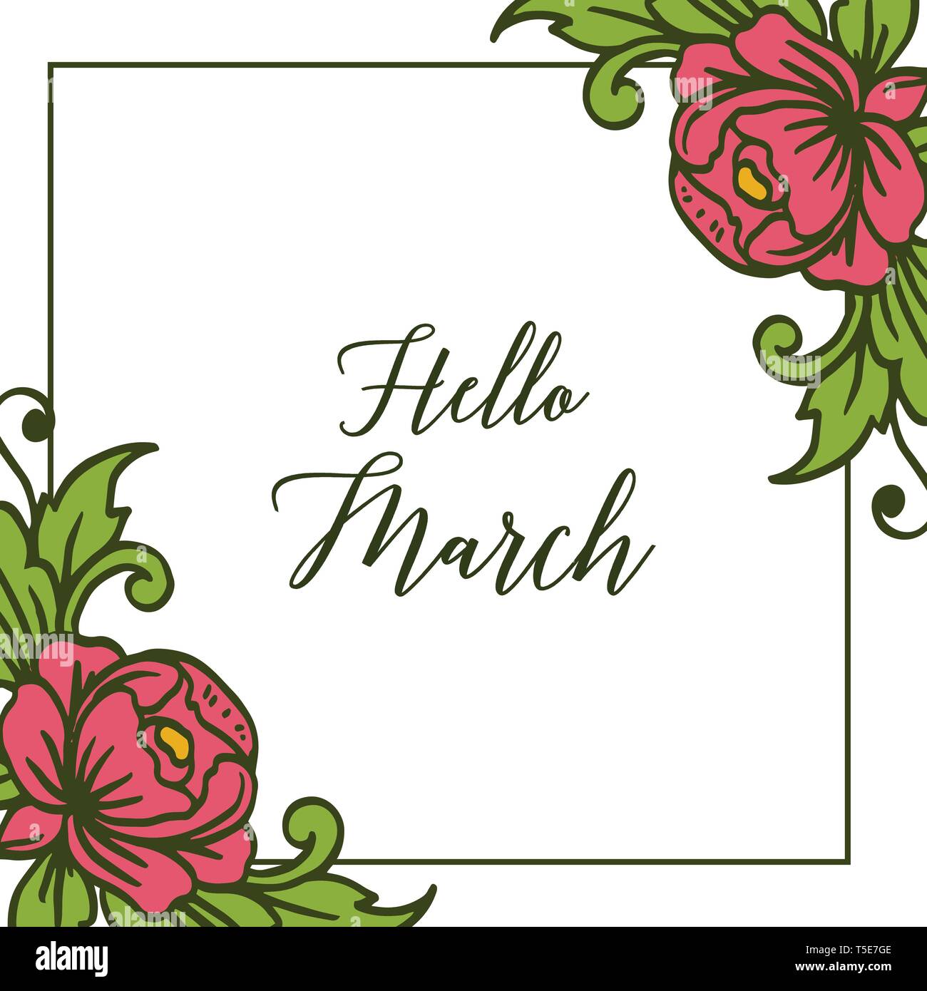 Vector illustration drawing hello march with wreath frame hand drawn ...