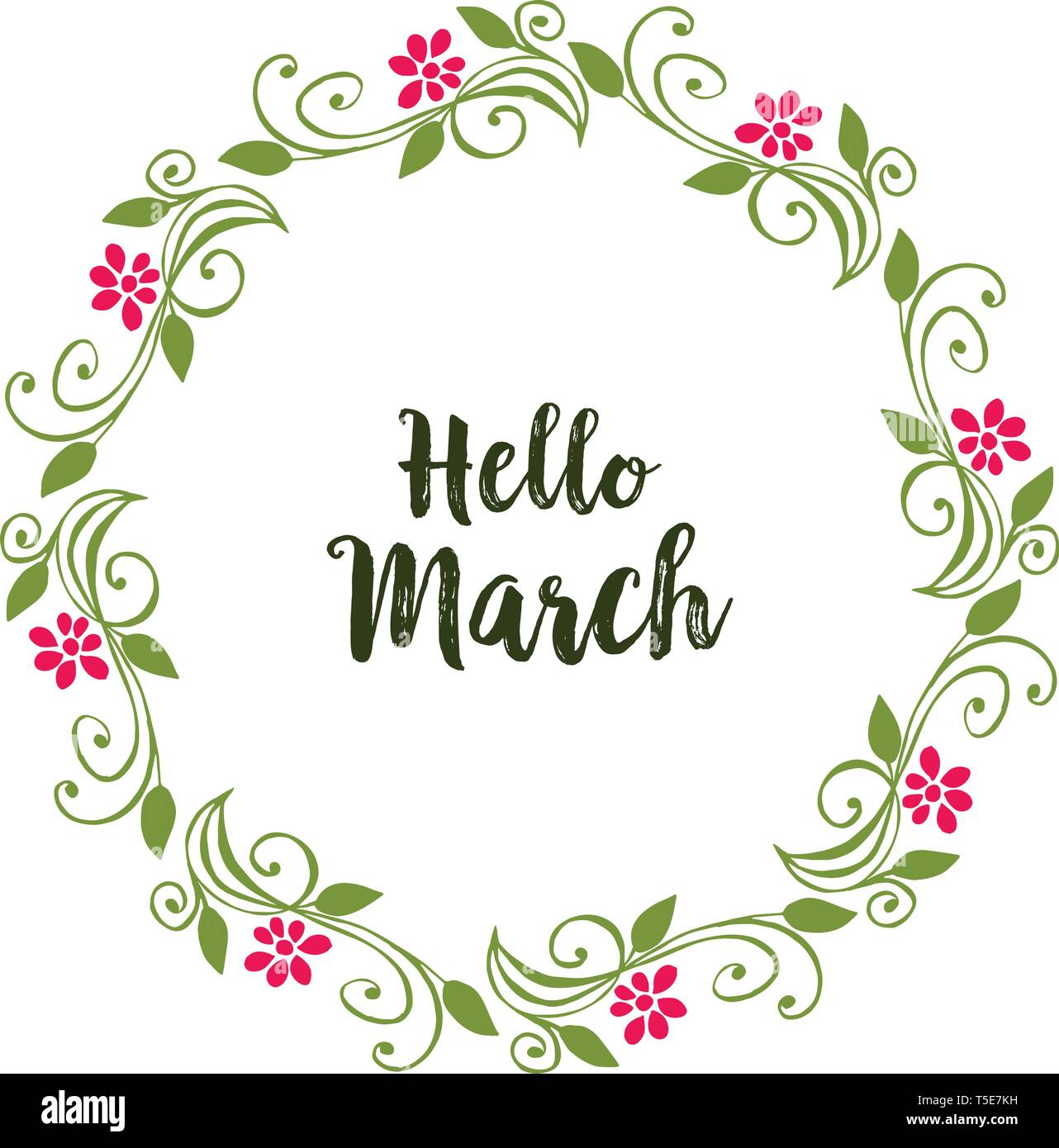 Vector illustration greeting card hello march with blossom flower frame ...