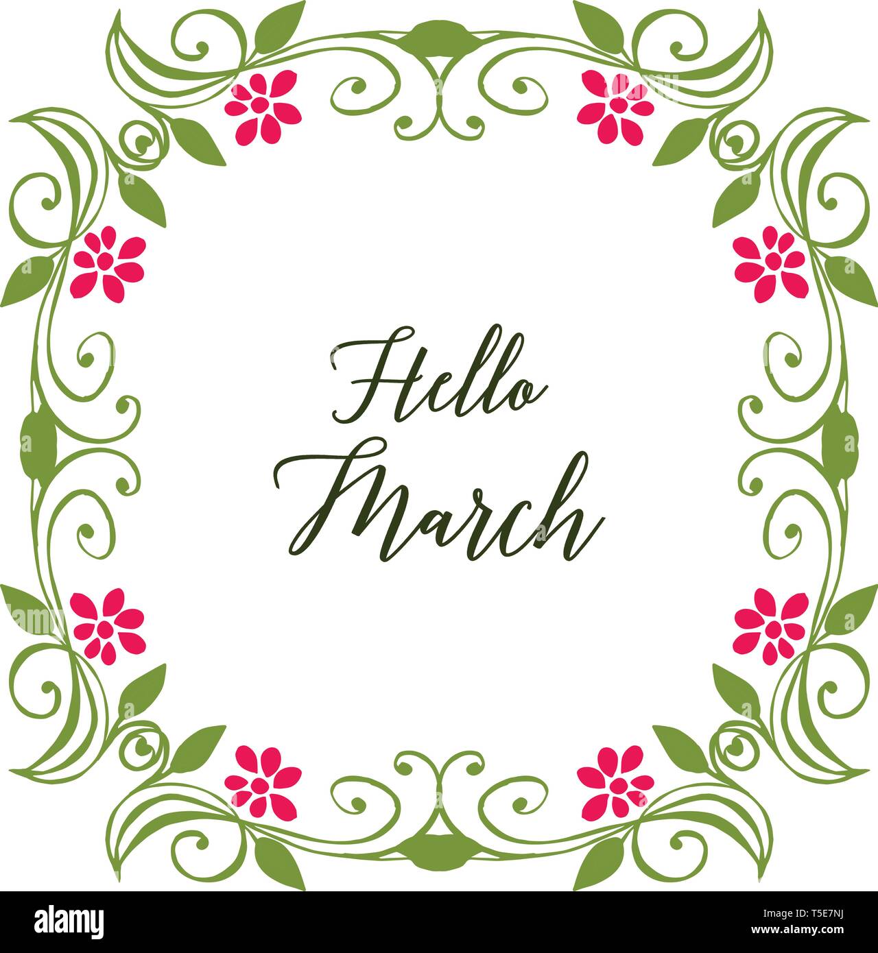Vector illustration greeting card hello march with design flower frame ...