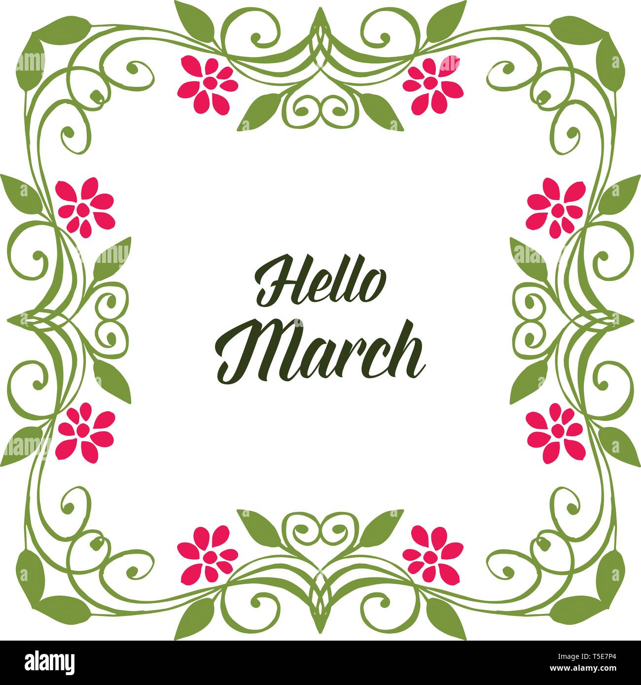Vector illustration greeting card hello march with design flower frame ...