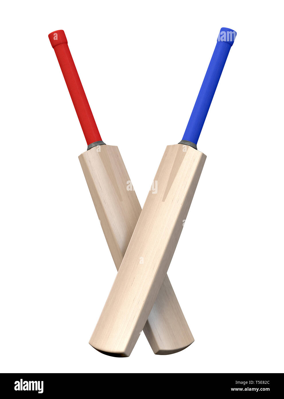 Two generic cricket bats crisscrossed on an isolated white background ...