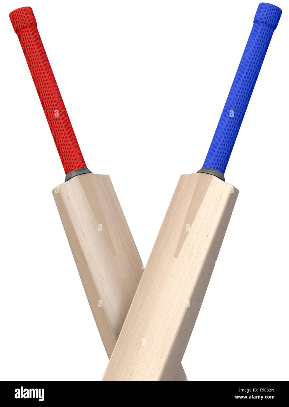 Two generic cricket bats crisscrossed on an isolated white background ...