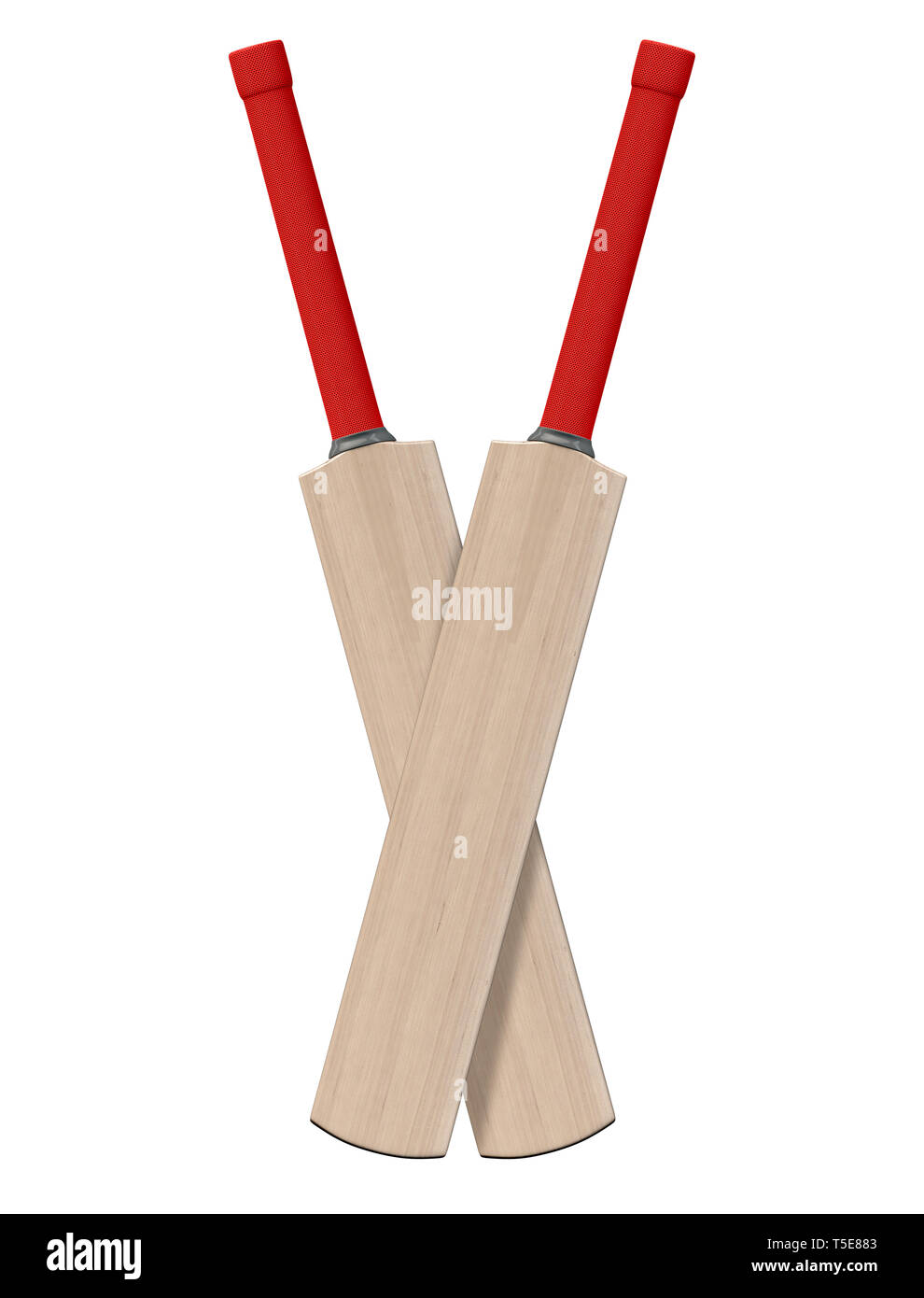 Two generic cricket bats crisscrossed on an isolated white background ...