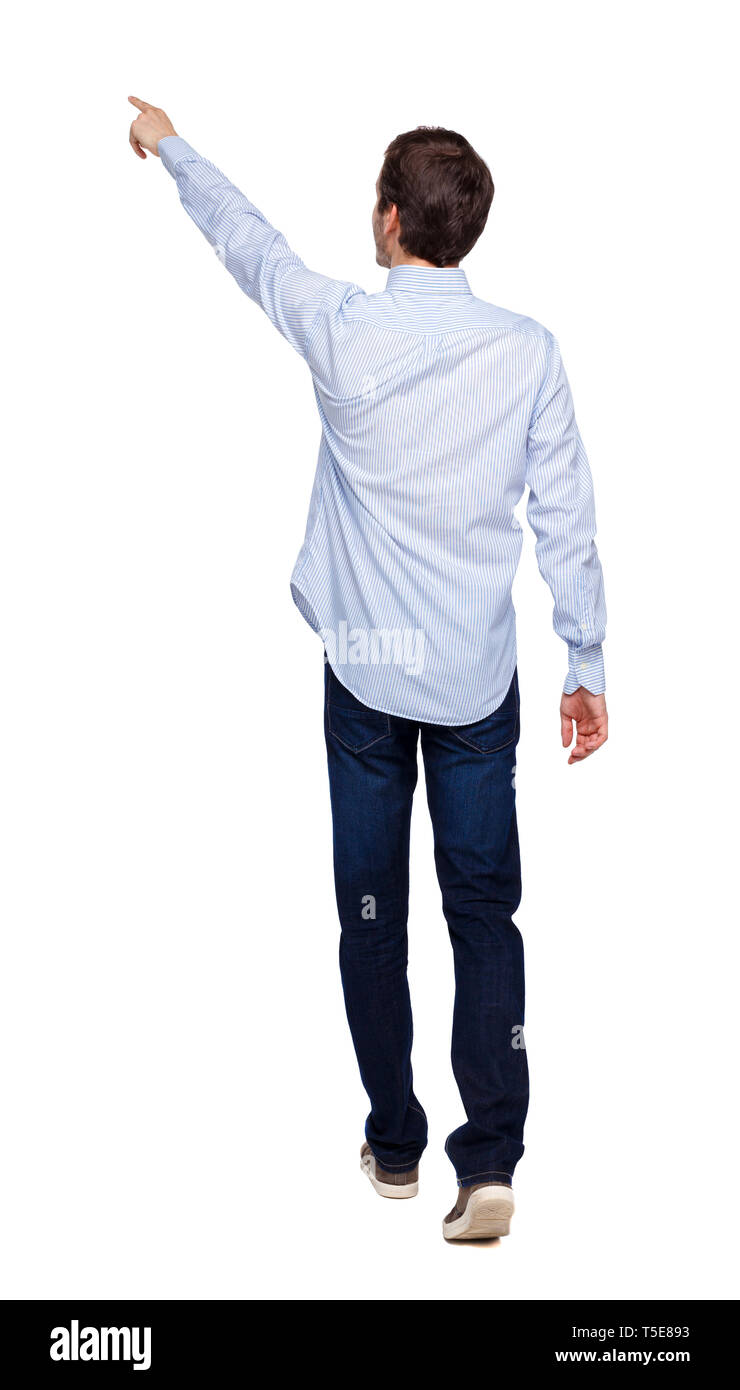 Back view of a man walking with a pointing hand. going guy showing. backside view of person ...