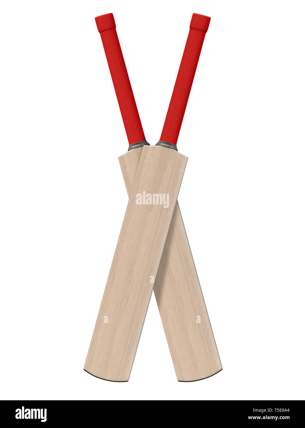 Two generic cricket bats crisscrossed on an isolated white background ...