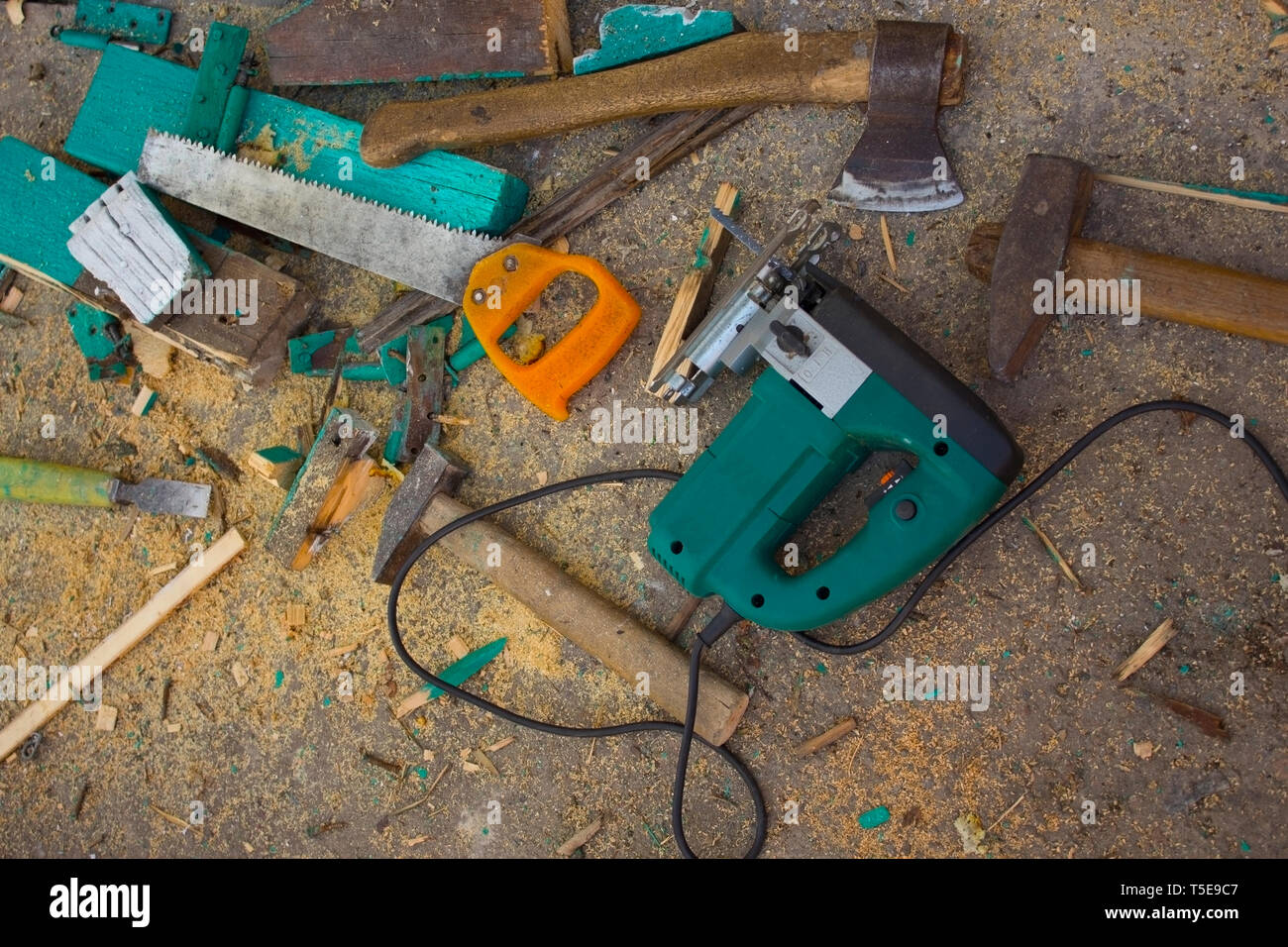 Joiner's tools set. Real work background Stock Photo - Alamy