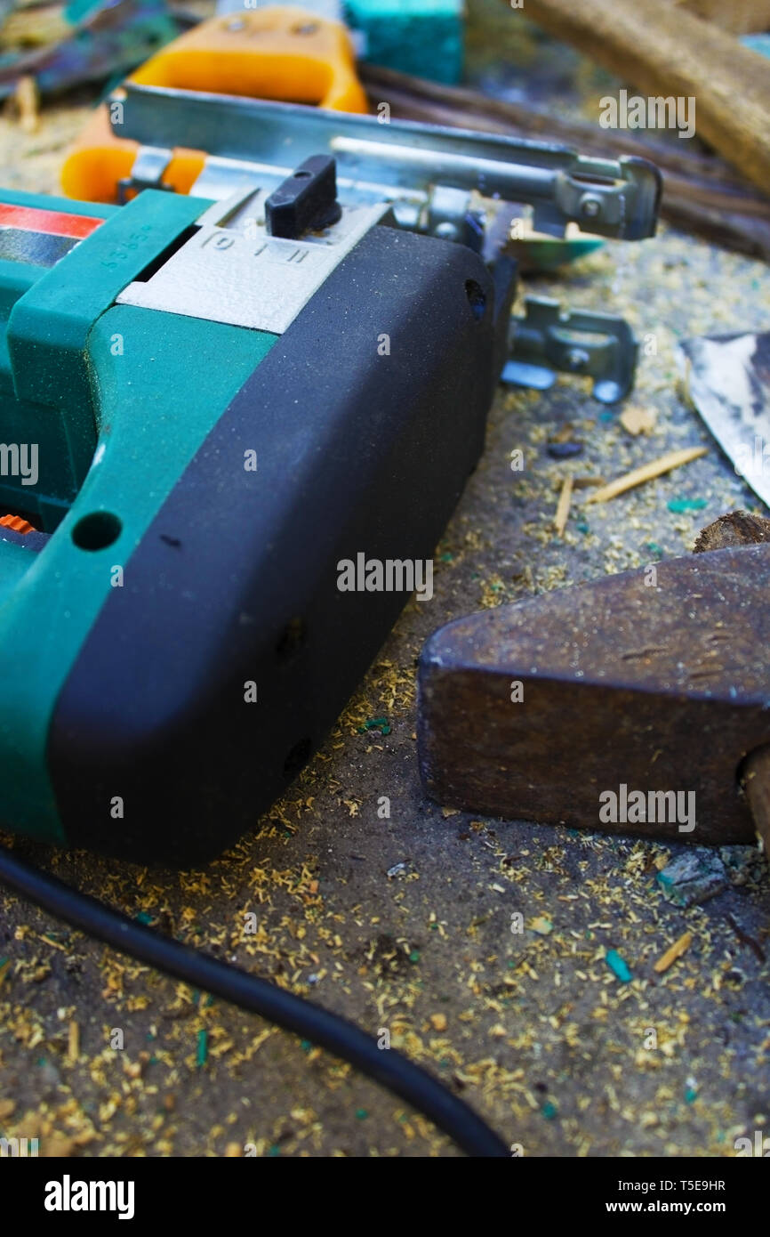 Joiner's tools set. Real work background Stock Photo - Alamy