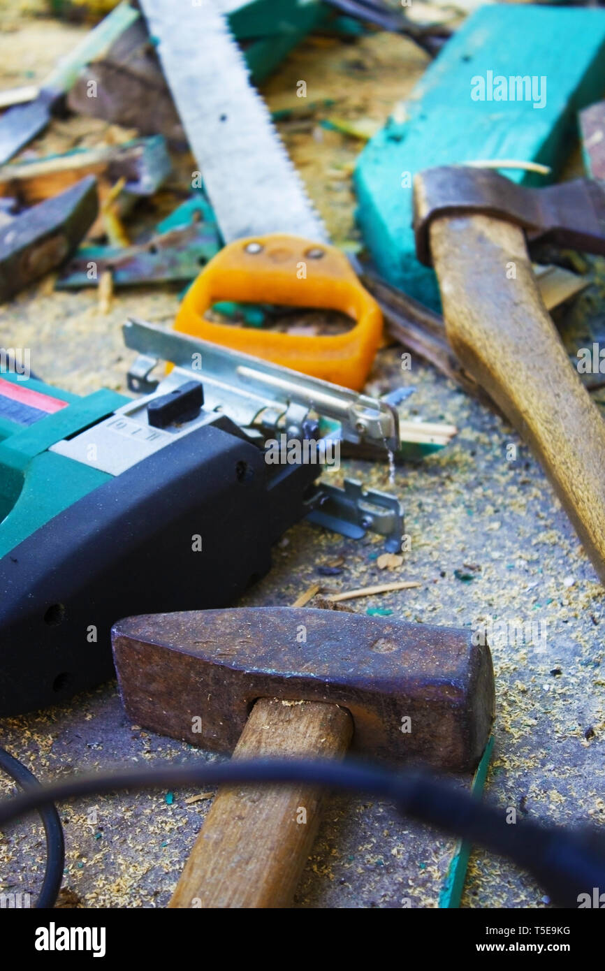 Joiner's tools set. Real work background Stock Photo - Alamy
