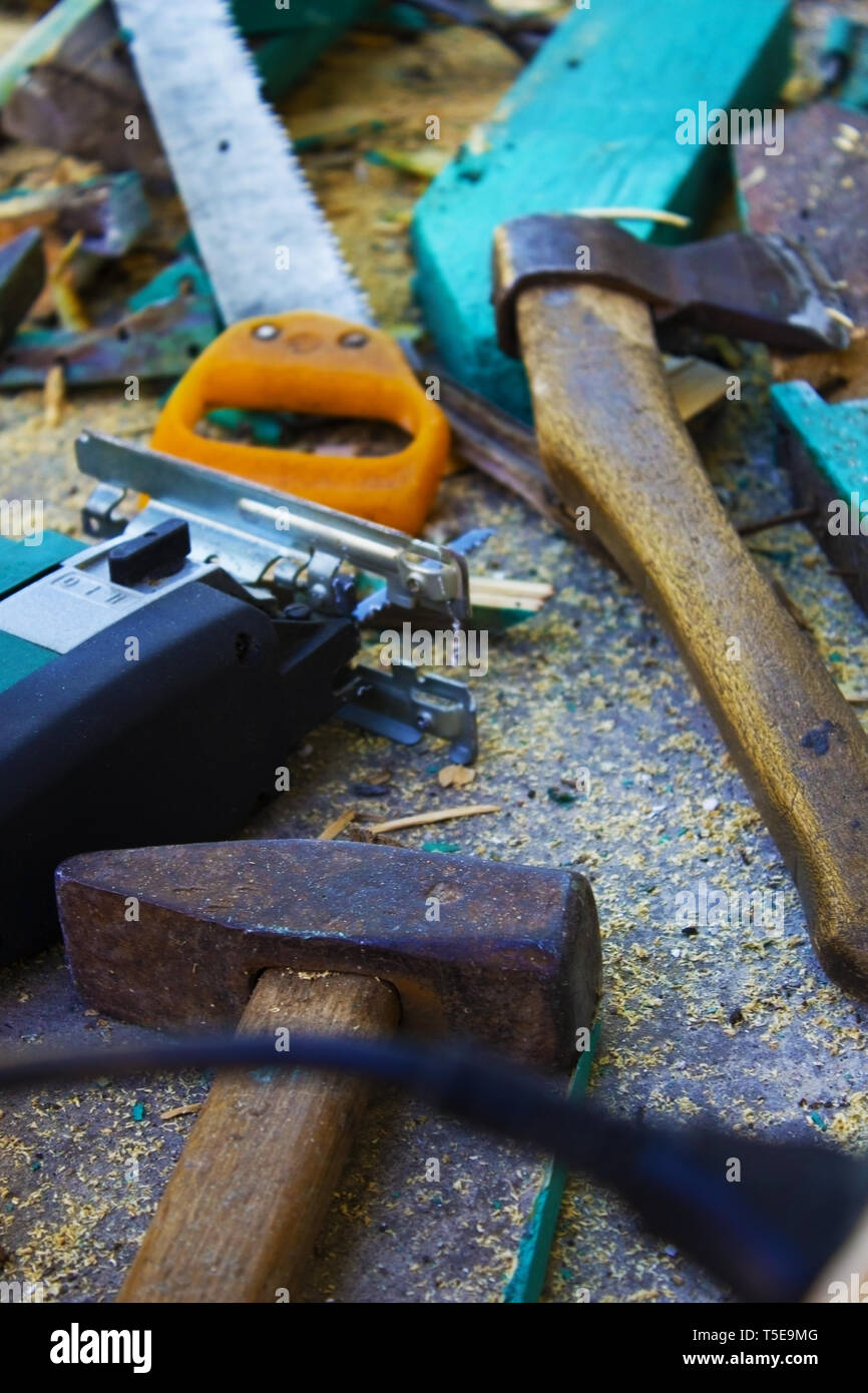 Joiner's tools set. Real work background Stock Photo - Alamy