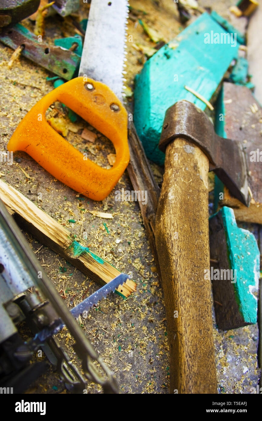 Joiner's tools set. Real work background Stock Photo - Alamy