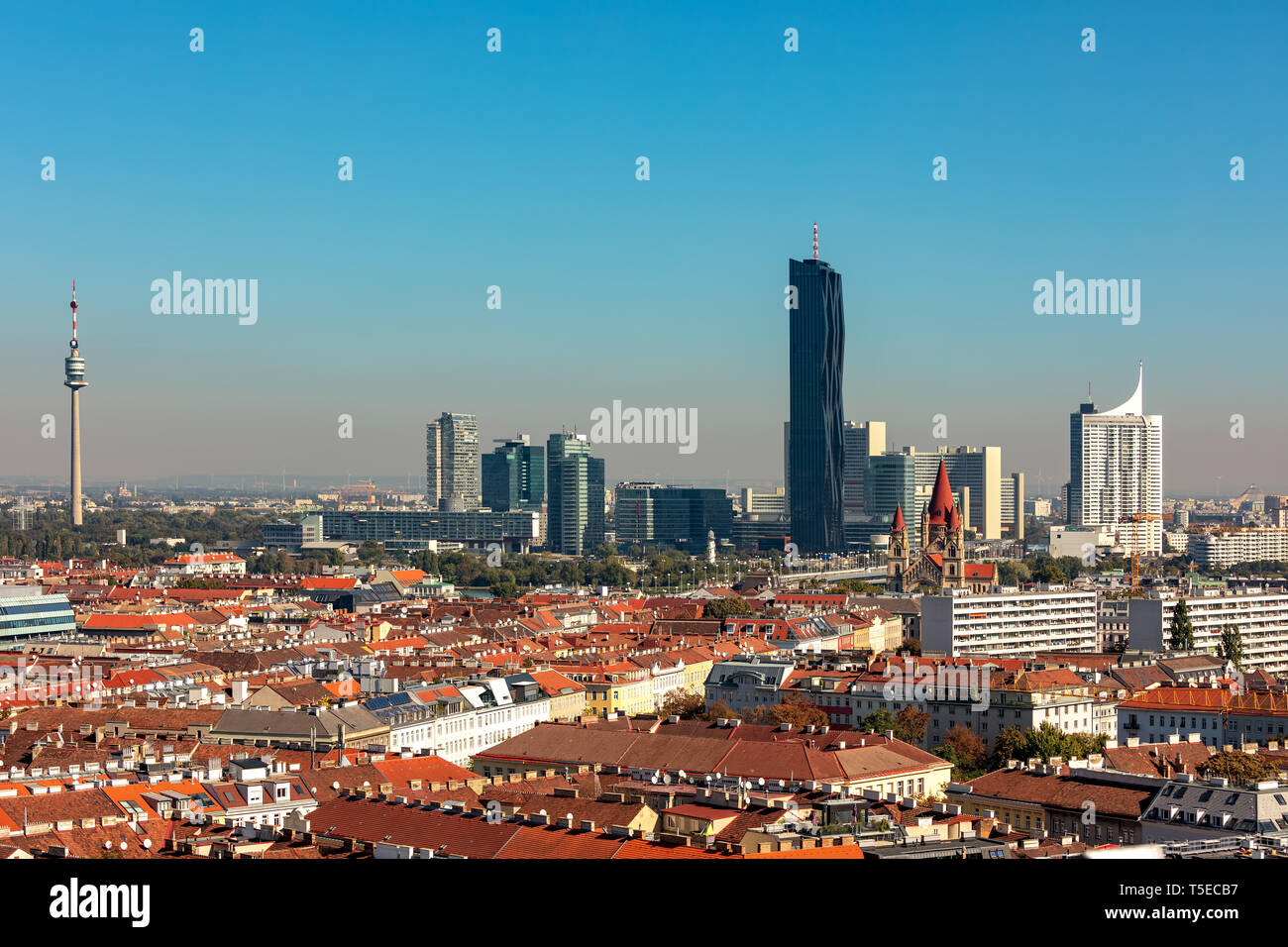 Aerial view of modern business center with skyscrapers and Danube Tower ...