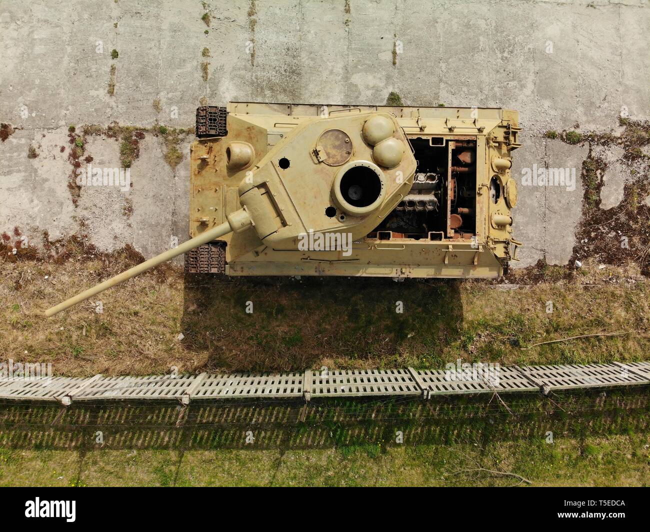 Aerial Image of the historical most popular old T-34 soviet tank. Ussr ...