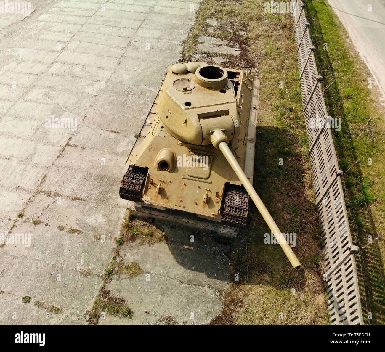 Aerial Image of the historical most popular old T-34 soviet tank. Ussr ...