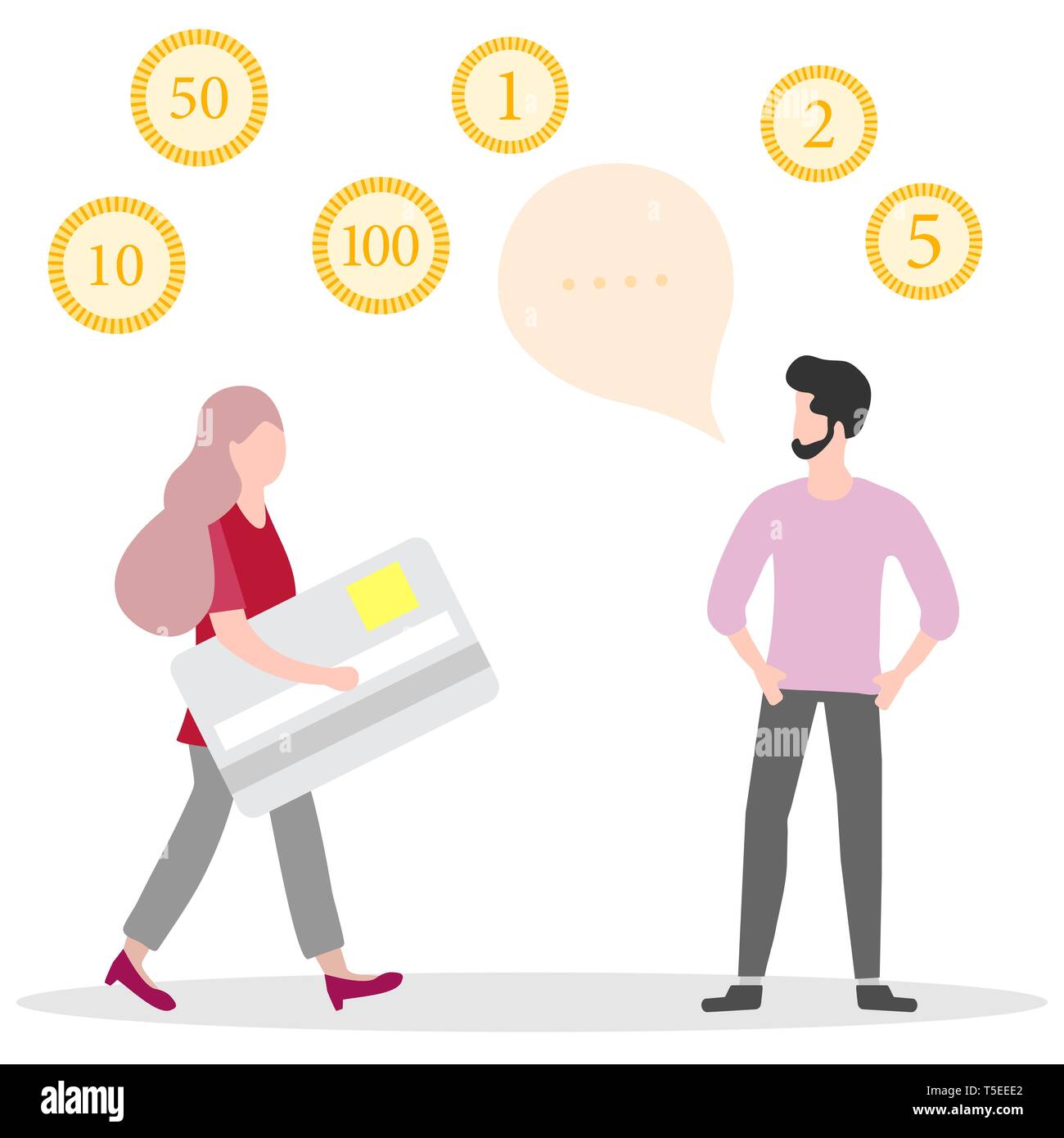 Vector illustration with woman with bank card, male assistant helping ...