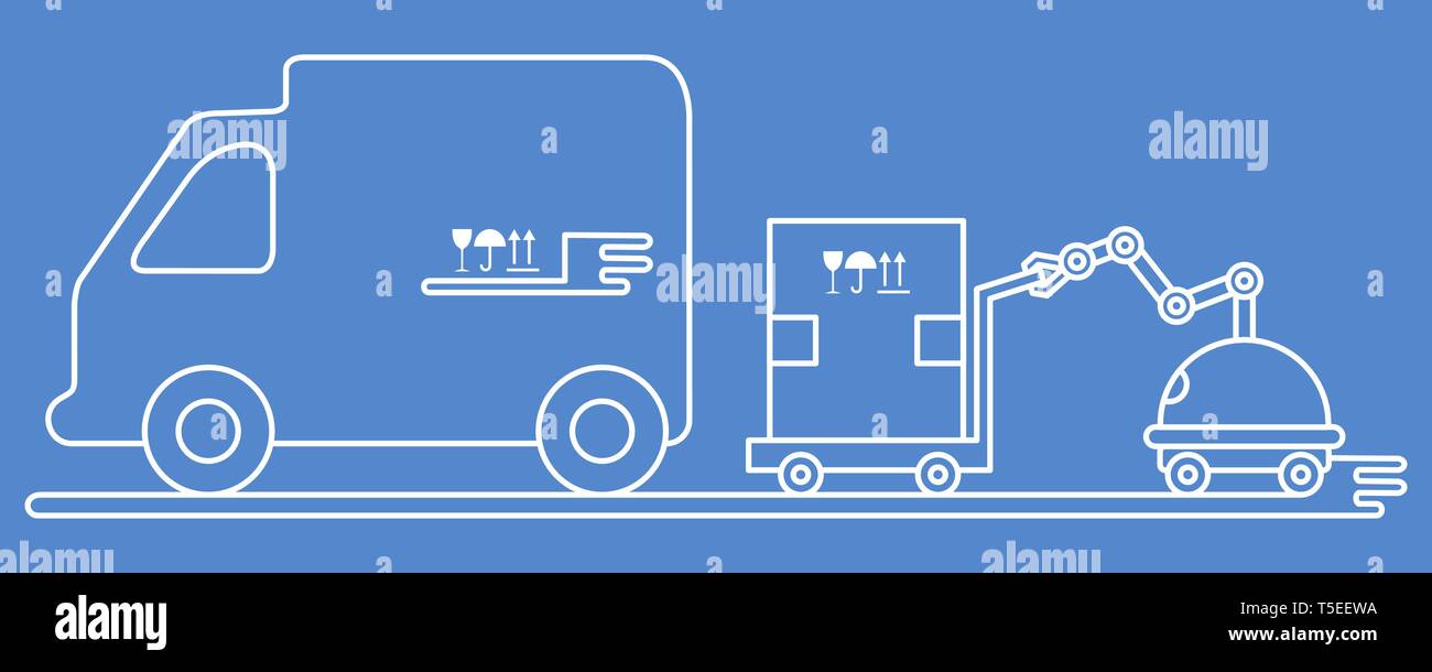 Vector illustration with robot loader loads boxes into a truck ...