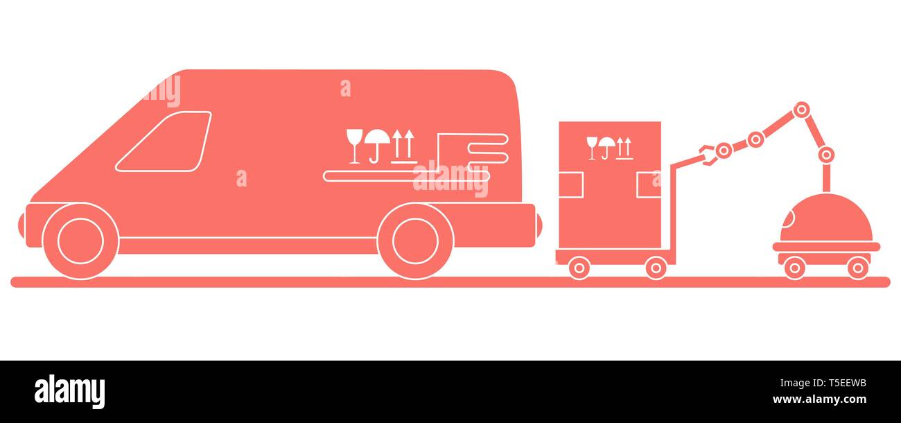 Vector illustration with robot loader loads boxes into a car ...