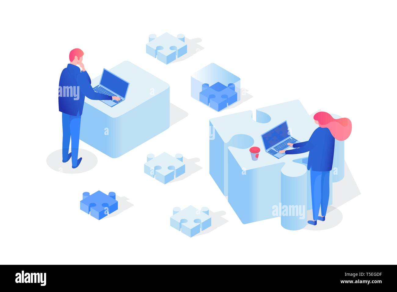 Partnership, team working 3D vector illustration. Programmers coworking, brainstorming ...