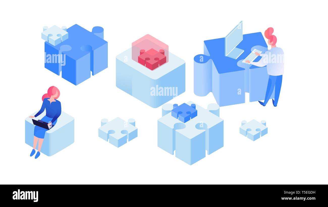 Partnership, team working isometric illustration. Programmers coworking ...