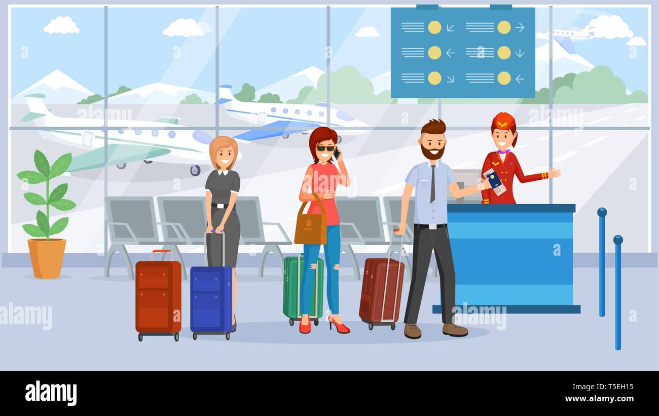 Passengers in airport terminal illustration. Cartoon characters with ...