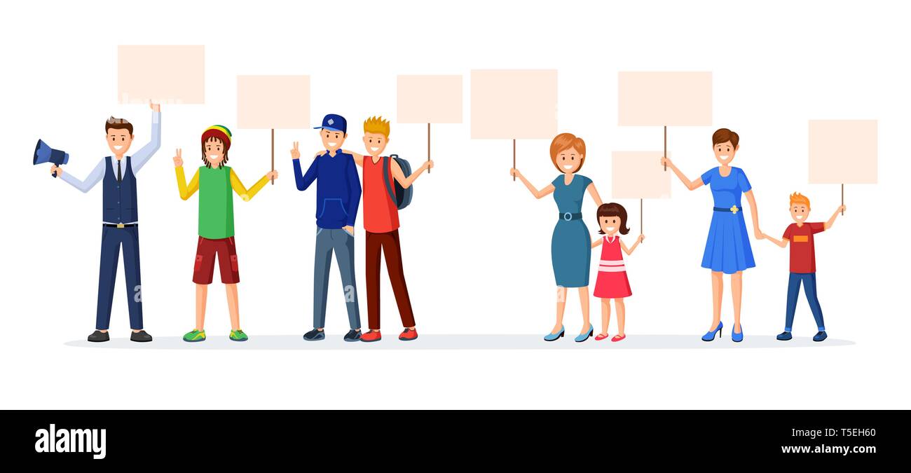People with protest placards flat illustrations. Teenagers, mothers ...