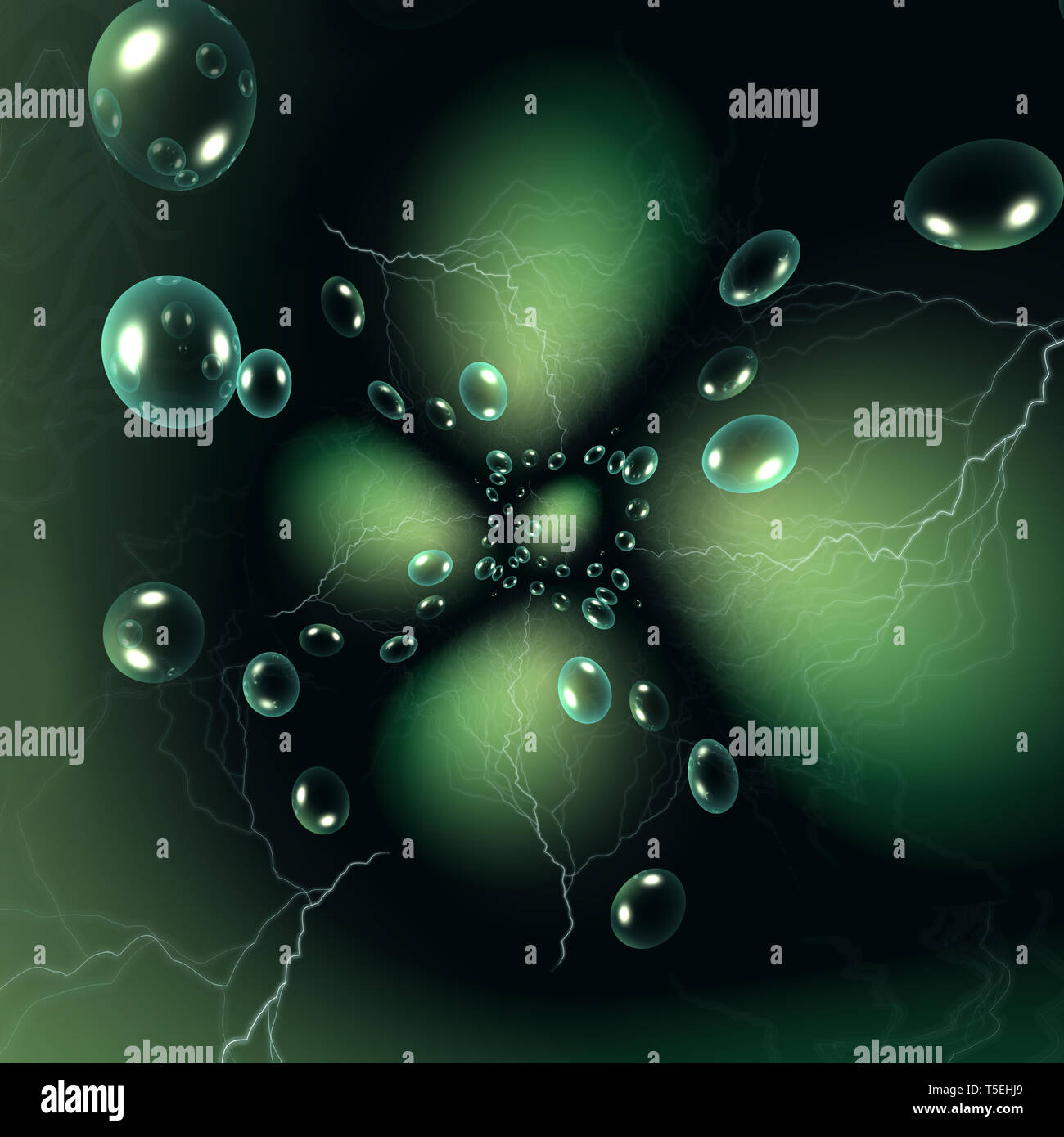 Magic green background with transparent bubbles and lightning Stock ...