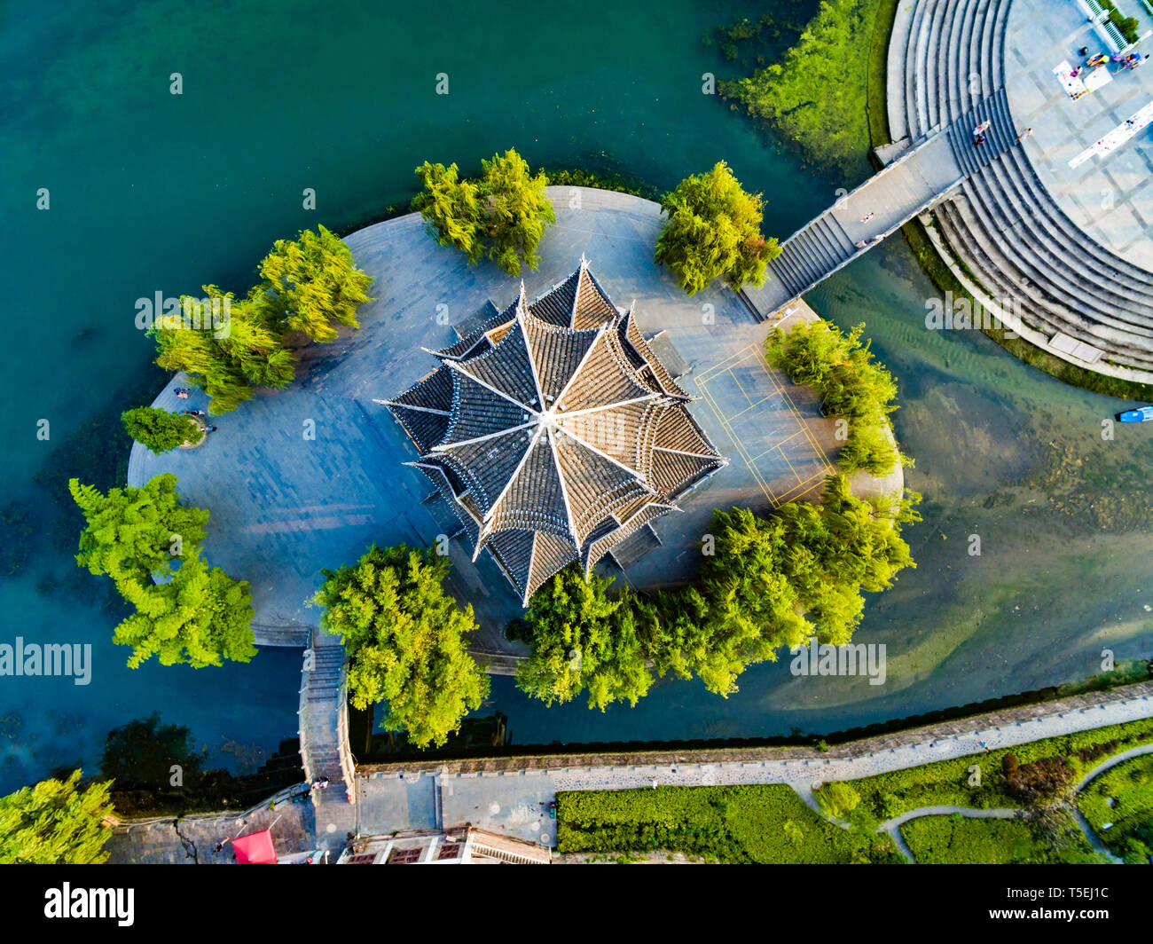 AERIAL shot of Traditional pagoda along Wuyang River,Guizhou,China ...