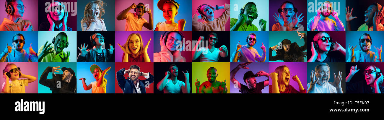 The collage of faces of surprised people on colored backgrounds. Happy ...