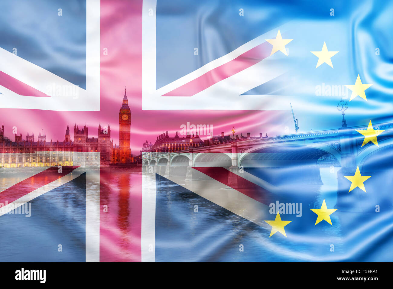 brexit concept - double exposure of UK landmarks and flag Stock Photo ...