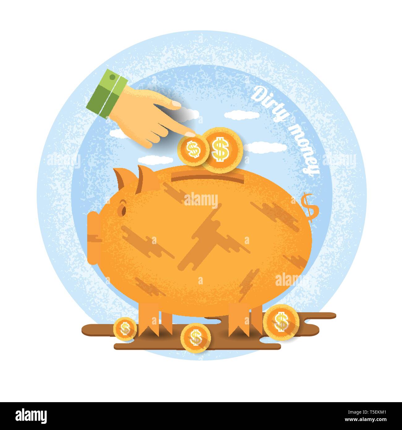 hand pointer put in coin in dirty piggy bank stand in puddle of mud ...