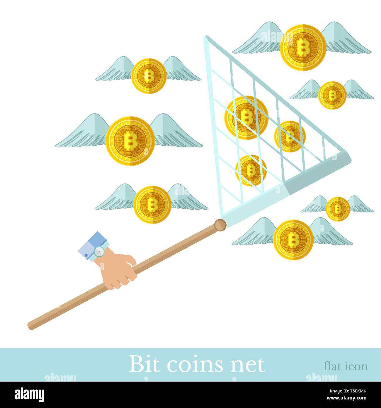 Hand with net catch of bit coins with wings flat business icon Stock ...