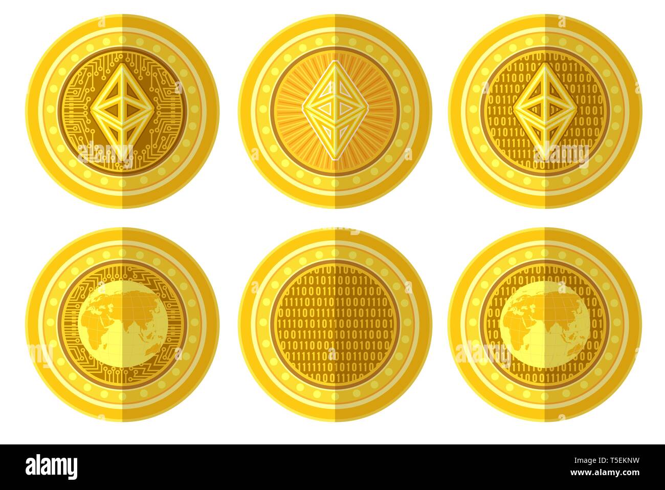 Set of flat golden coin with bitcoin ethereum sign back and front side ...