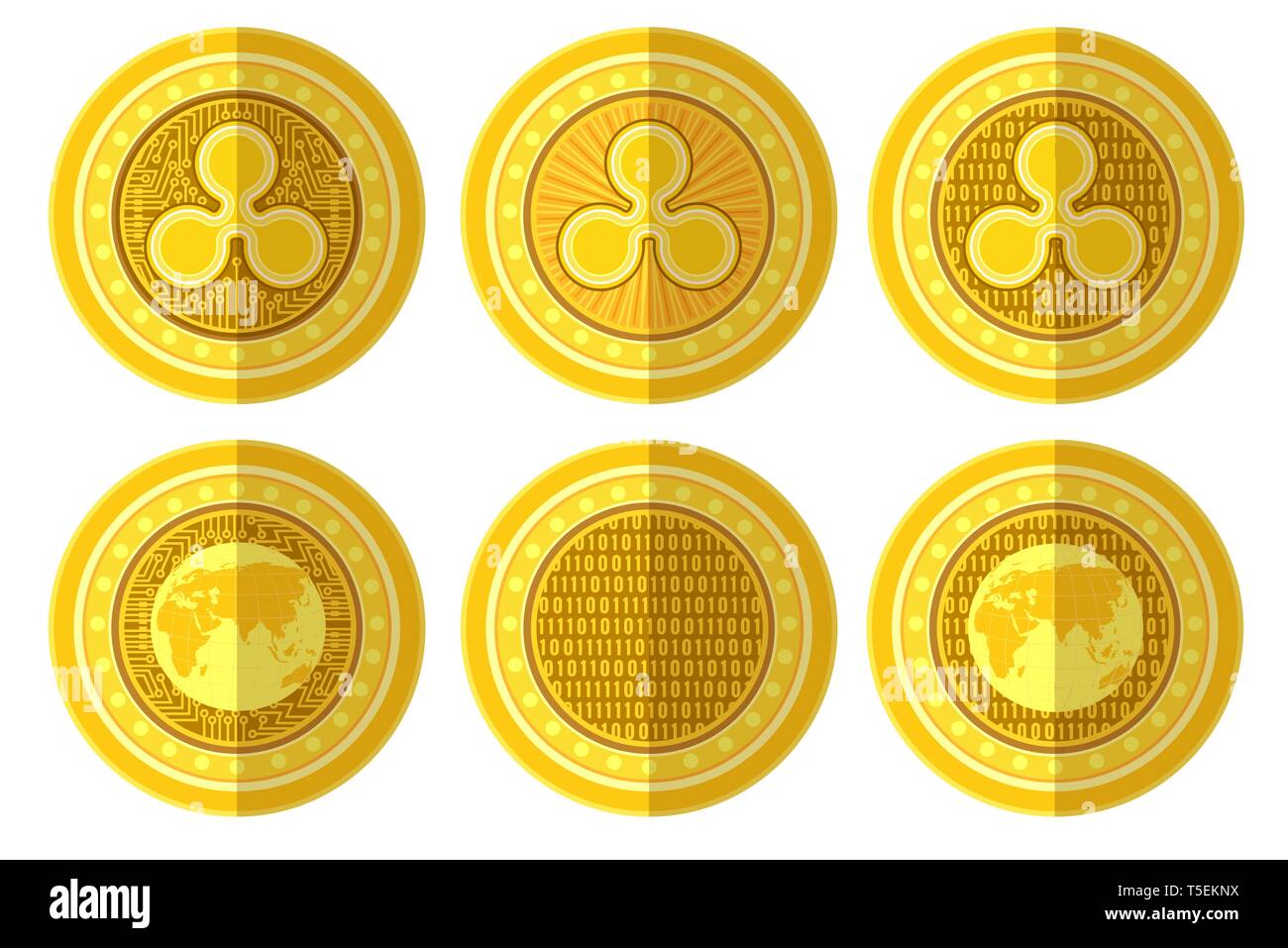 Set of flat golden coin with bitcoin ripple sign back and front side ...