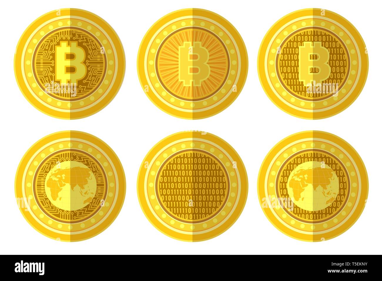 Set of flat golden coin with bitcoin sign back and front side. Vector ...