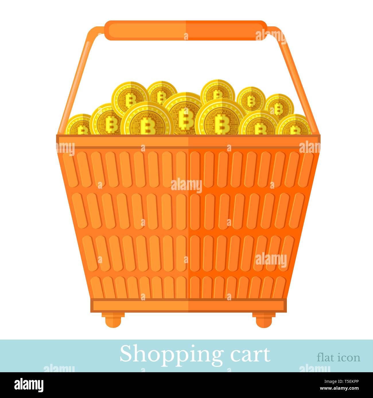 Vector shopping basket side view with gold heap of bit coins. Flat ...