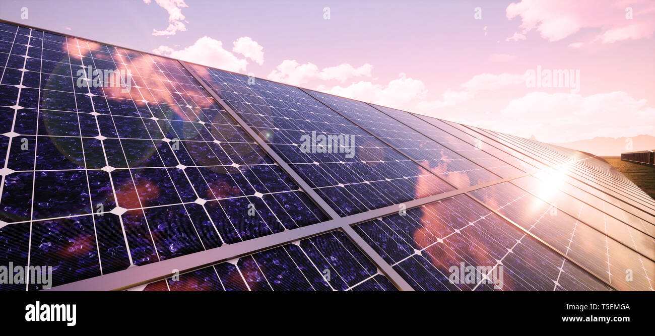Colorful panoramic landscape: solar power plants. ( 3D rendering ...