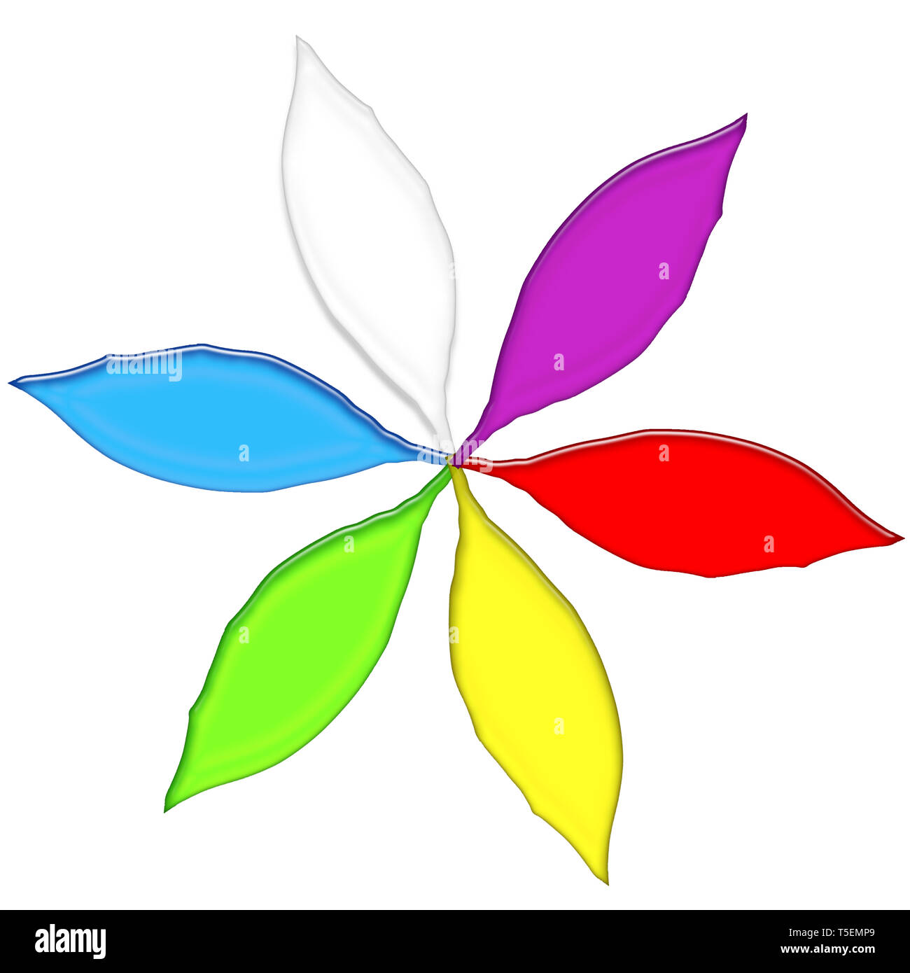 Digitally enhanced rainbow colored images of six leaves arranged in a ...