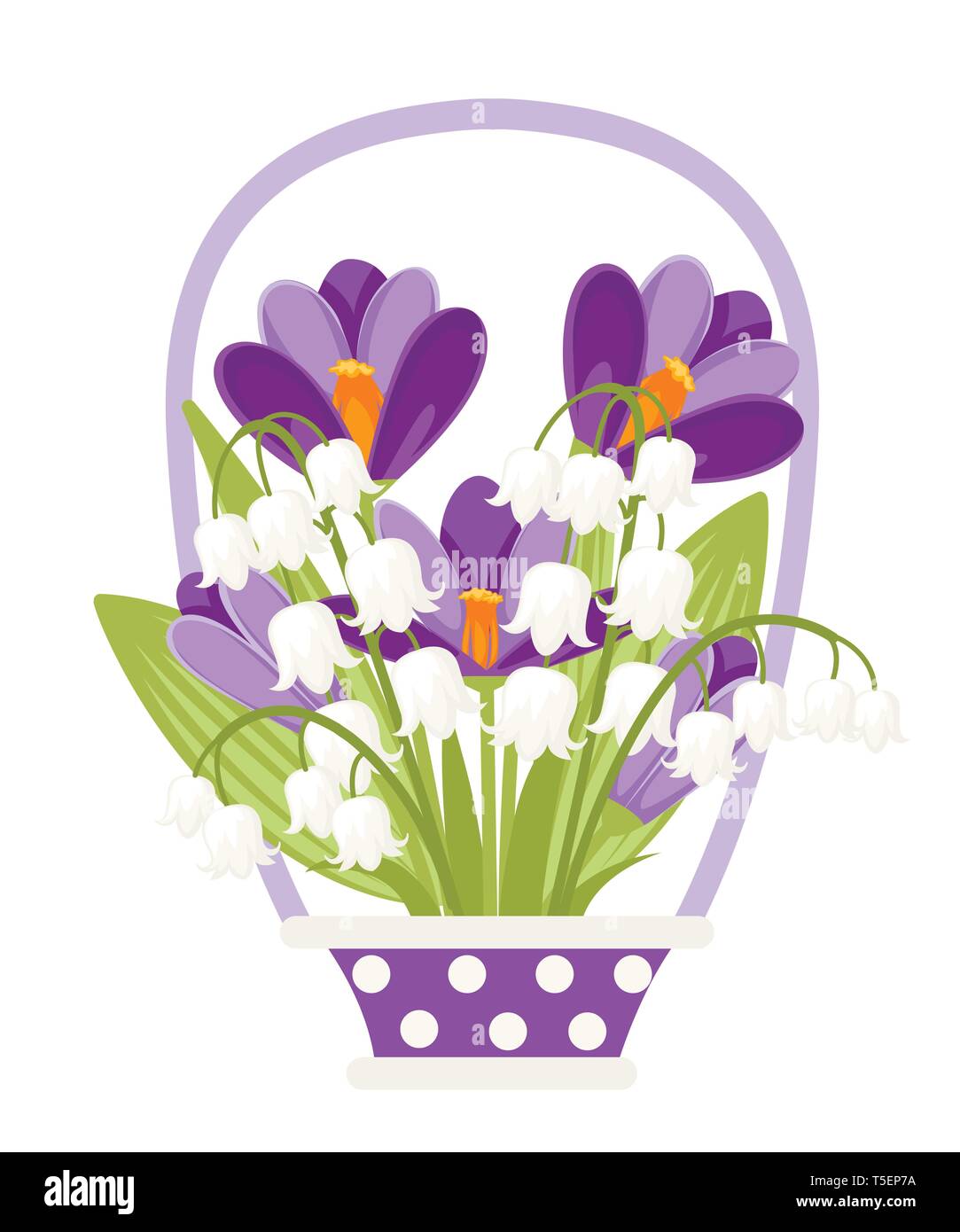 Flowers in ceramic basket. Purple Crocus and white Convallaria majalis ...