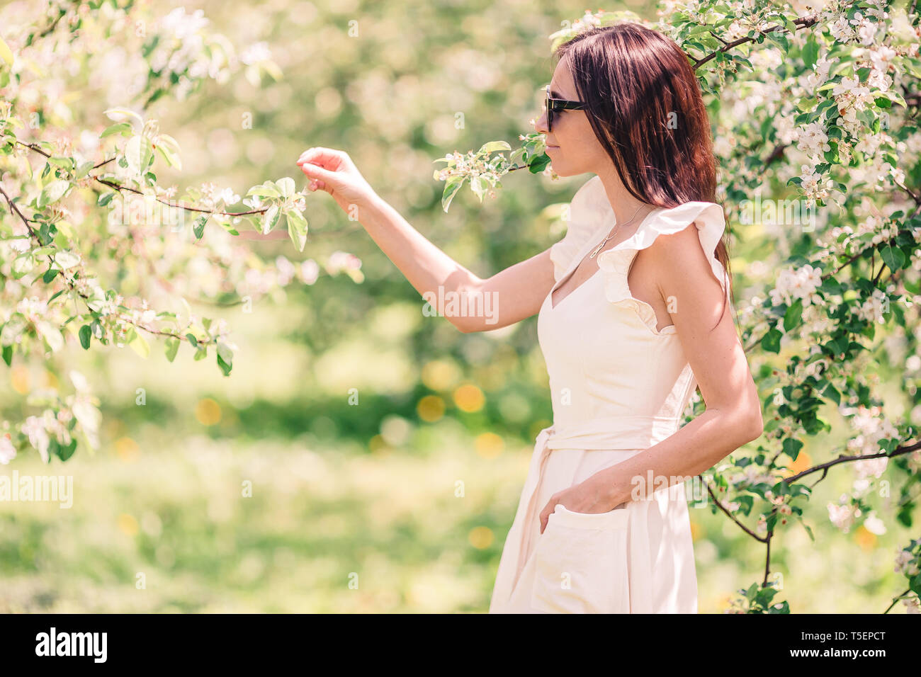 Beautiful woman enjoying smell in spring cherry garden Stock Photo - Alamy