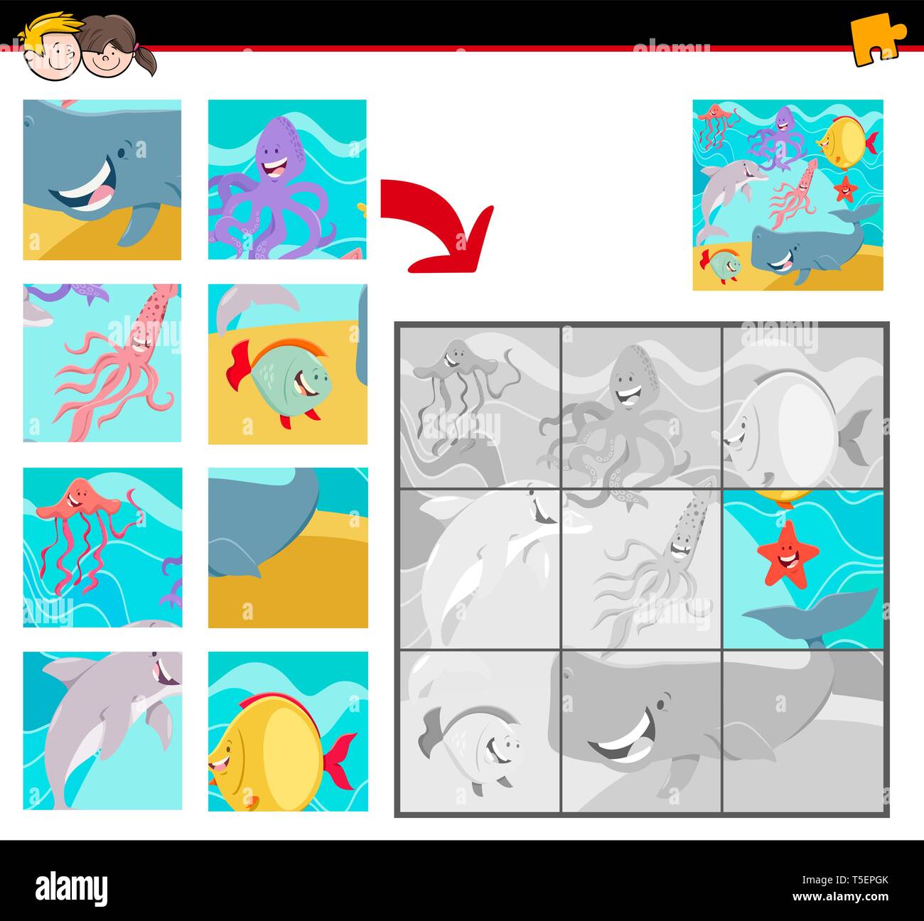 Cartoon Illustration of Educational Jigsaw Puzzle Game for Children ...