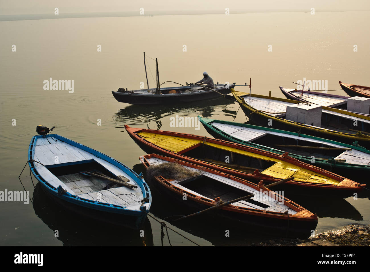 Boats + man rowing on the Ganges river ( India Stock Photo - Alamy