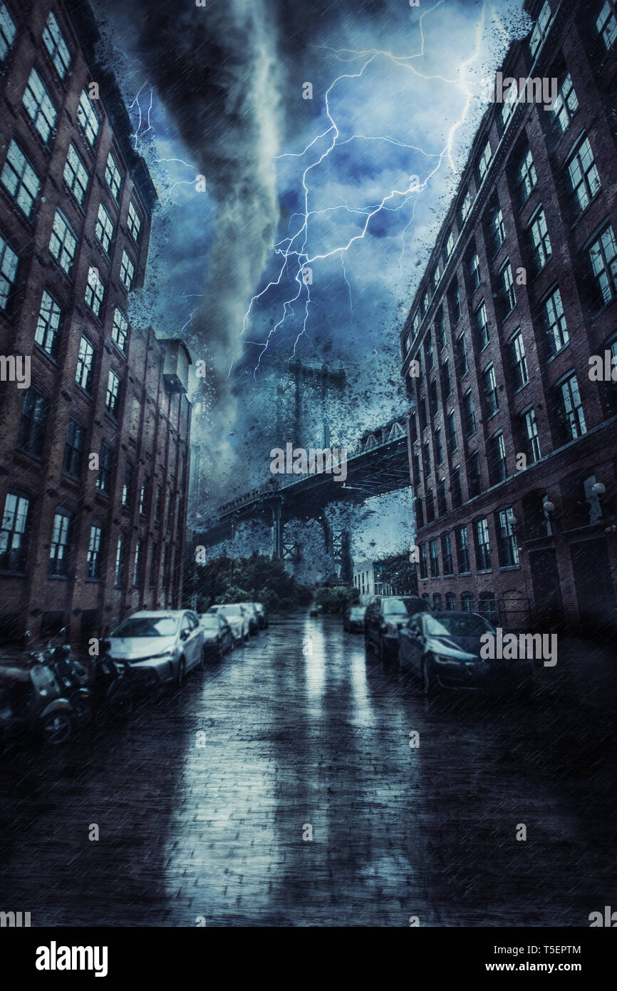 Manhattan Bridge in New york street during the heavy tornado storm ...