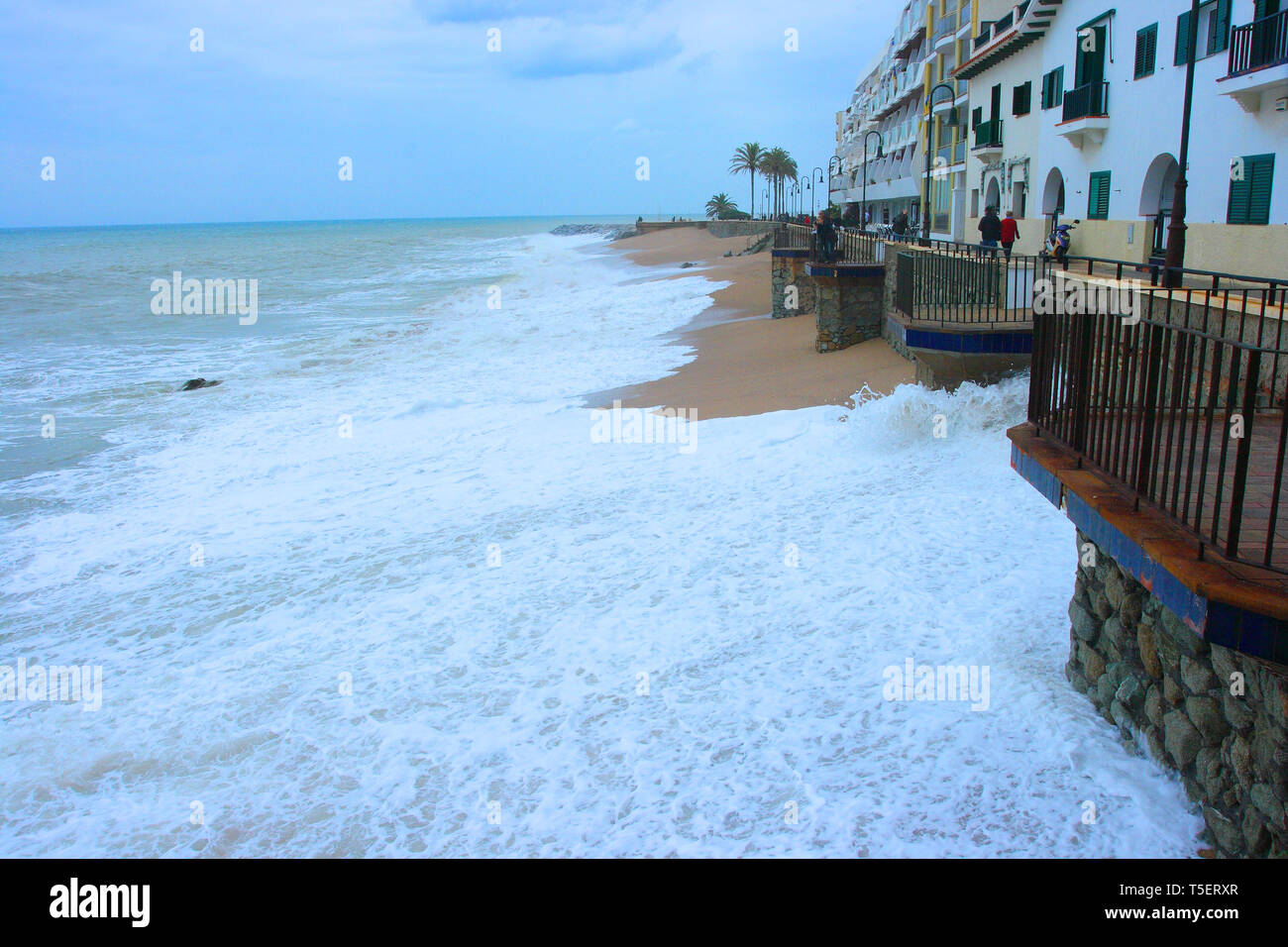 Spanish Weather. Mediteranean Sea. Waves close to houses in Sant Pol de ...
