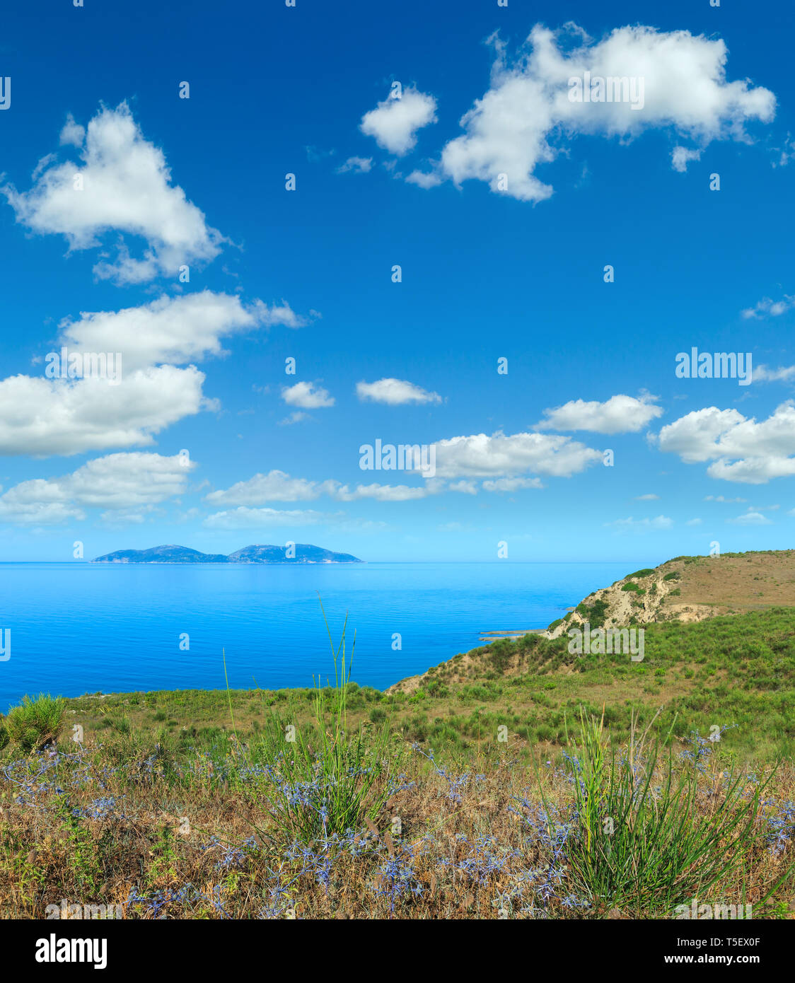 Blossoming morning sea rocky coast landscape (Narta Lagoon, Vlore ...