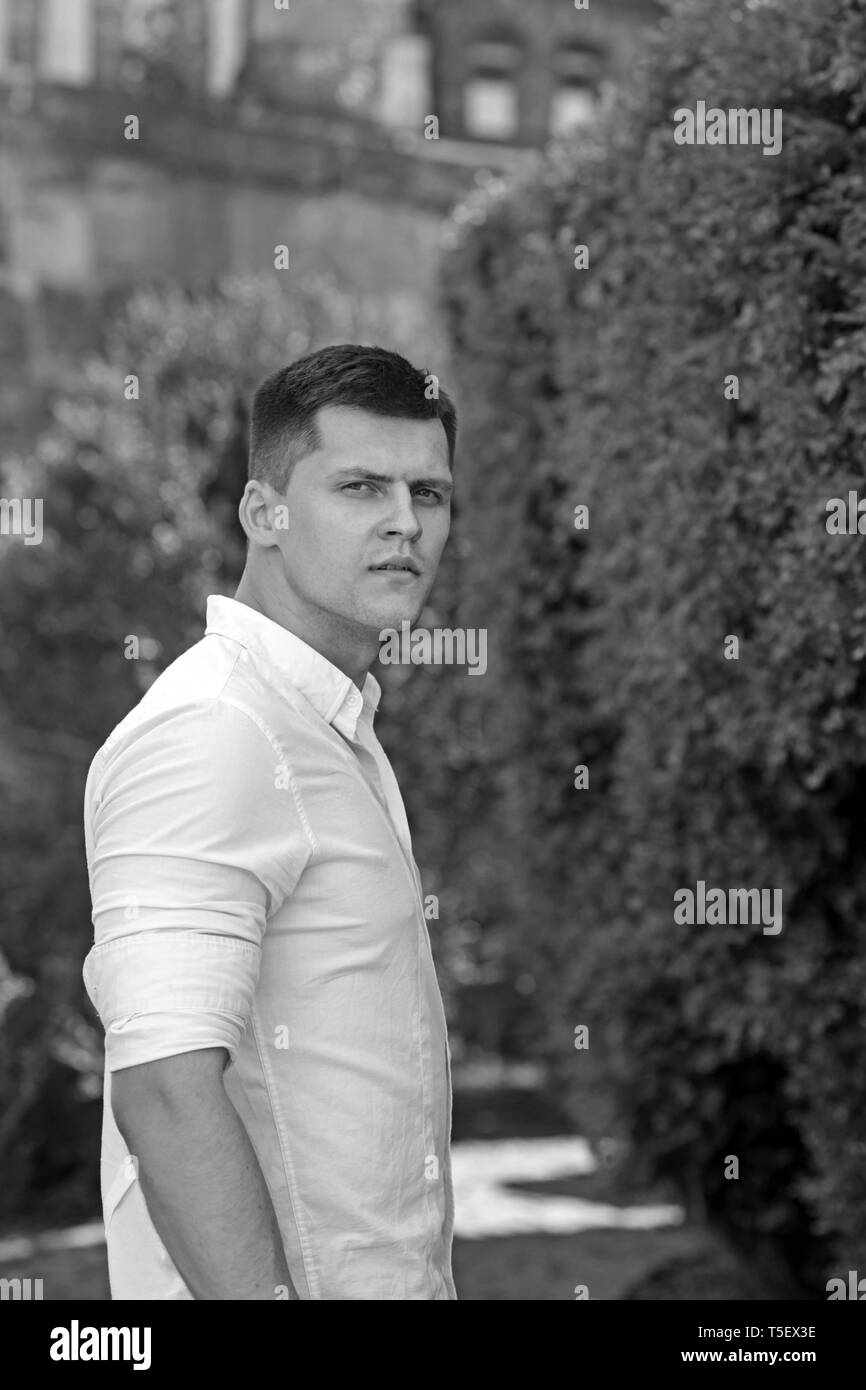 Adventure man enjoy summer day in park. Adventure guy on summer ...