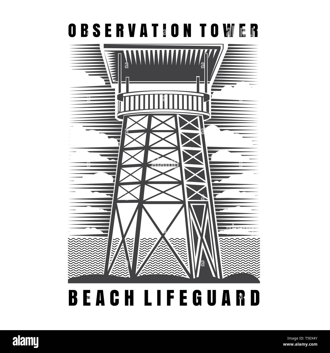 Beach lifeguard observation tower silhouette label on white Stock ...