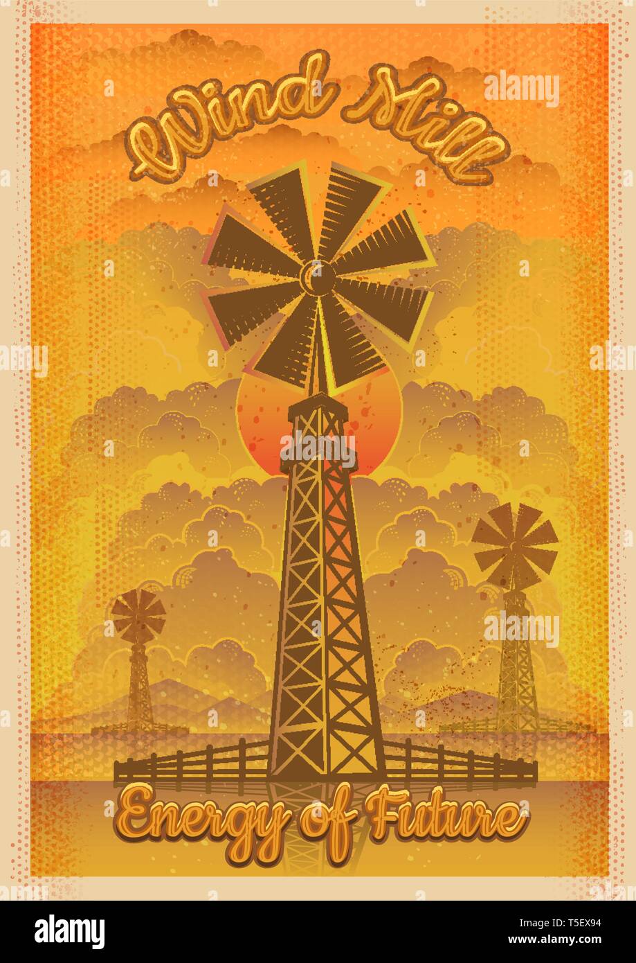Energy of future, wind mill vector vintage illustration Stock Vector ...