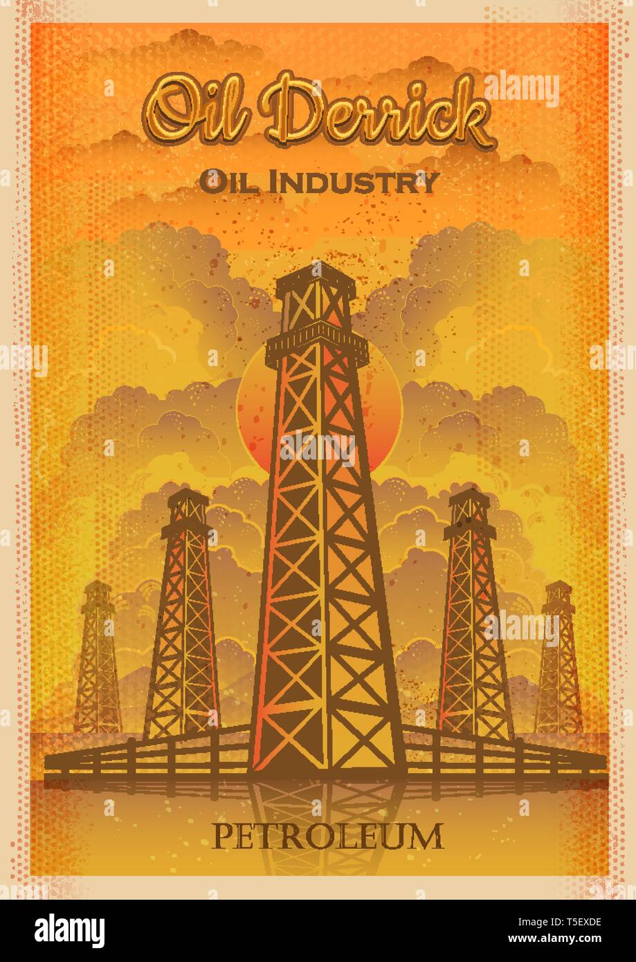 Oil industry, oil derricks on sky background vector vintage ...