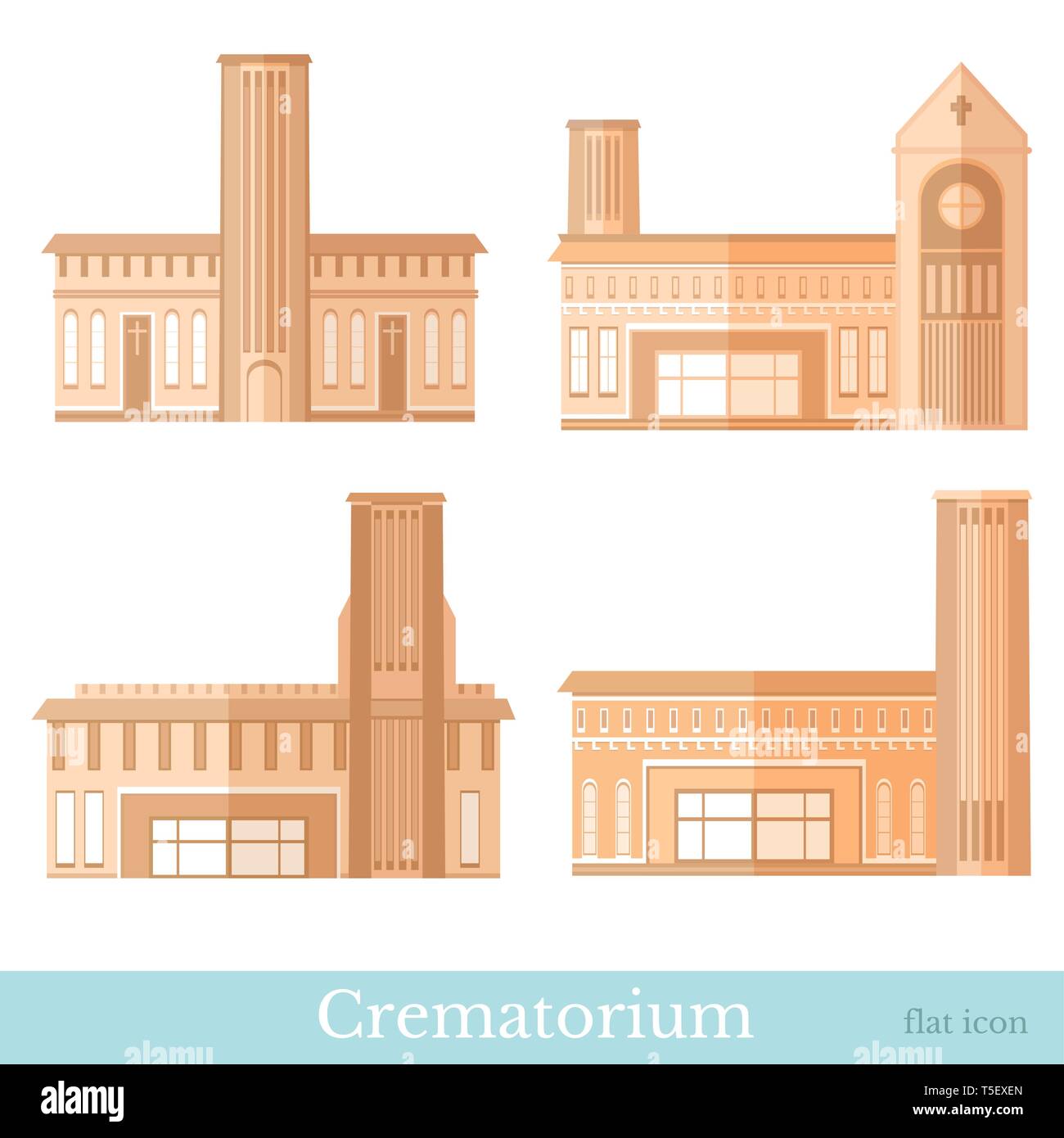 Set of brown colored flat funeral services buildings of crematorium ...