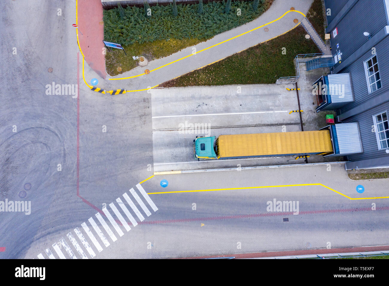 Aerial Shot of Truck with Attached Semi Trailer Leaving Industri Stock ...