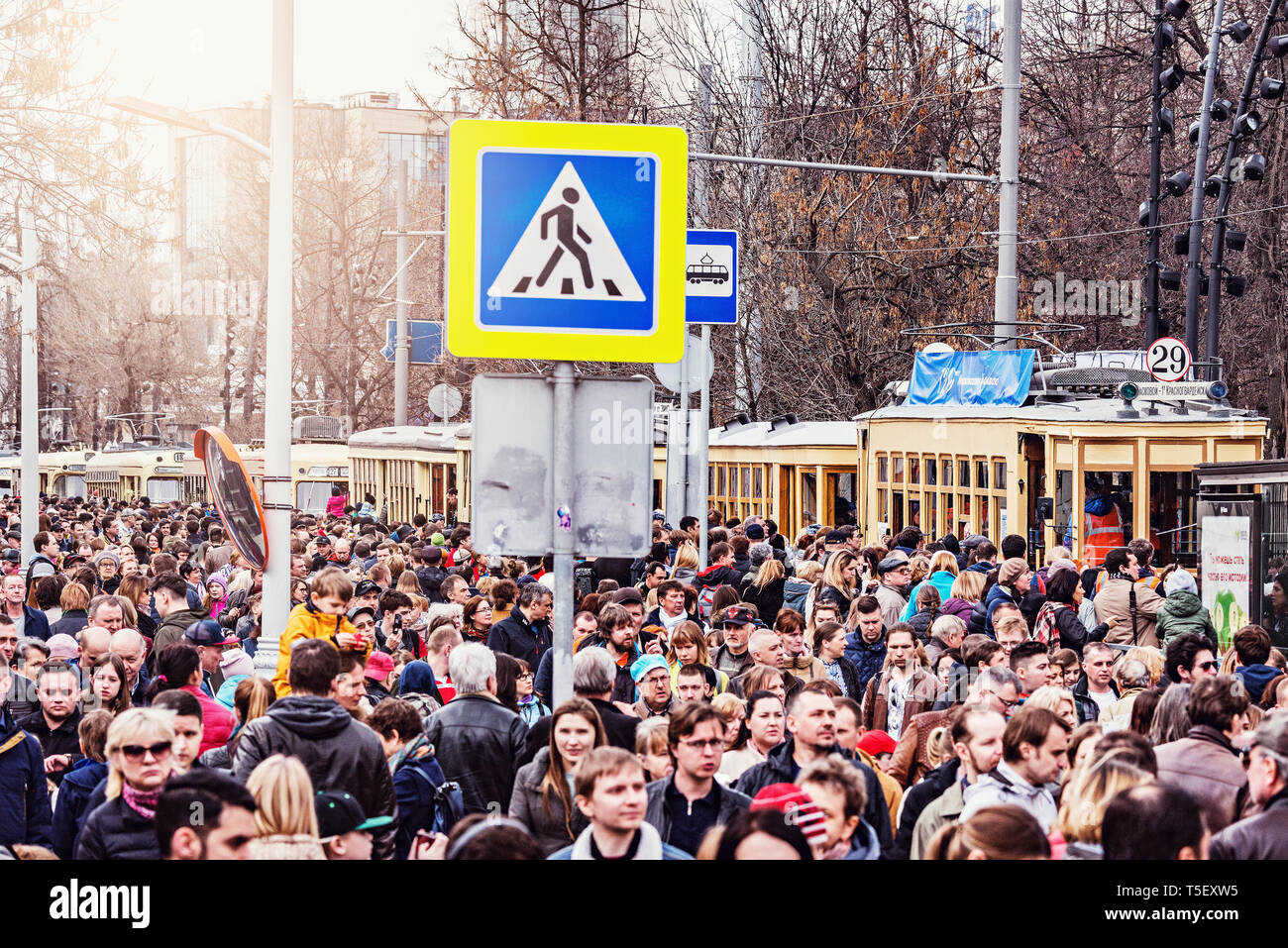 Moscow, Russia - April 21, 2019: Vintage trams and crowd of people on ...